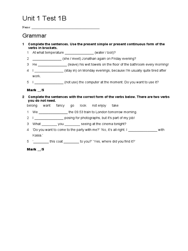Test 2 Option 2 Present Simple Vs Present Continuous | PDF
