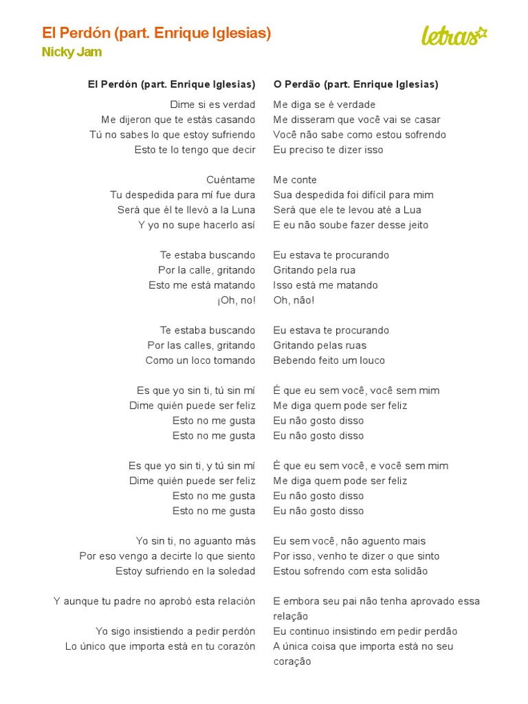 EL PERDÓN (PART. ENRIQUE IGLESIAS) (TRADUÇÃO) - Nicky Jam (Impressão) | PDF