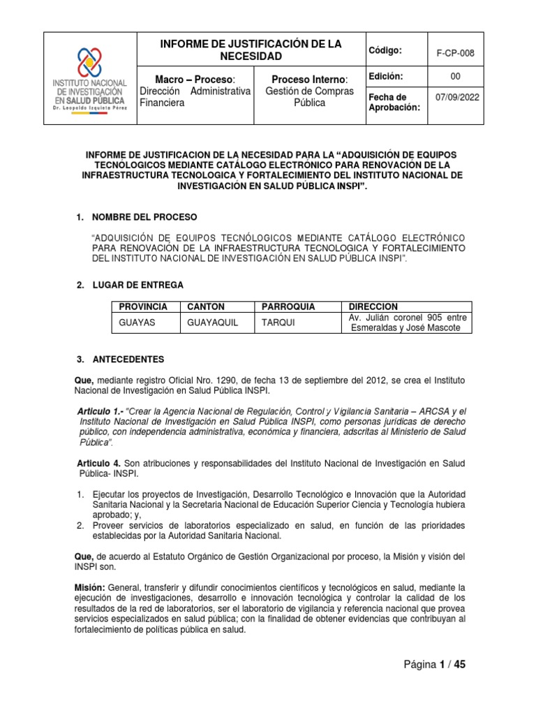 JUSTIFICACION DE LA NECESIDAD - PROYECTO ADQ. DE EQUIPOS TECNÓLOGICOS ...