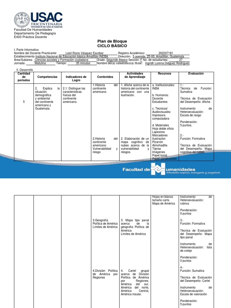 2 Formato Plan de Bloque Ciclo Básico y Diversificado | PDF | Maestros