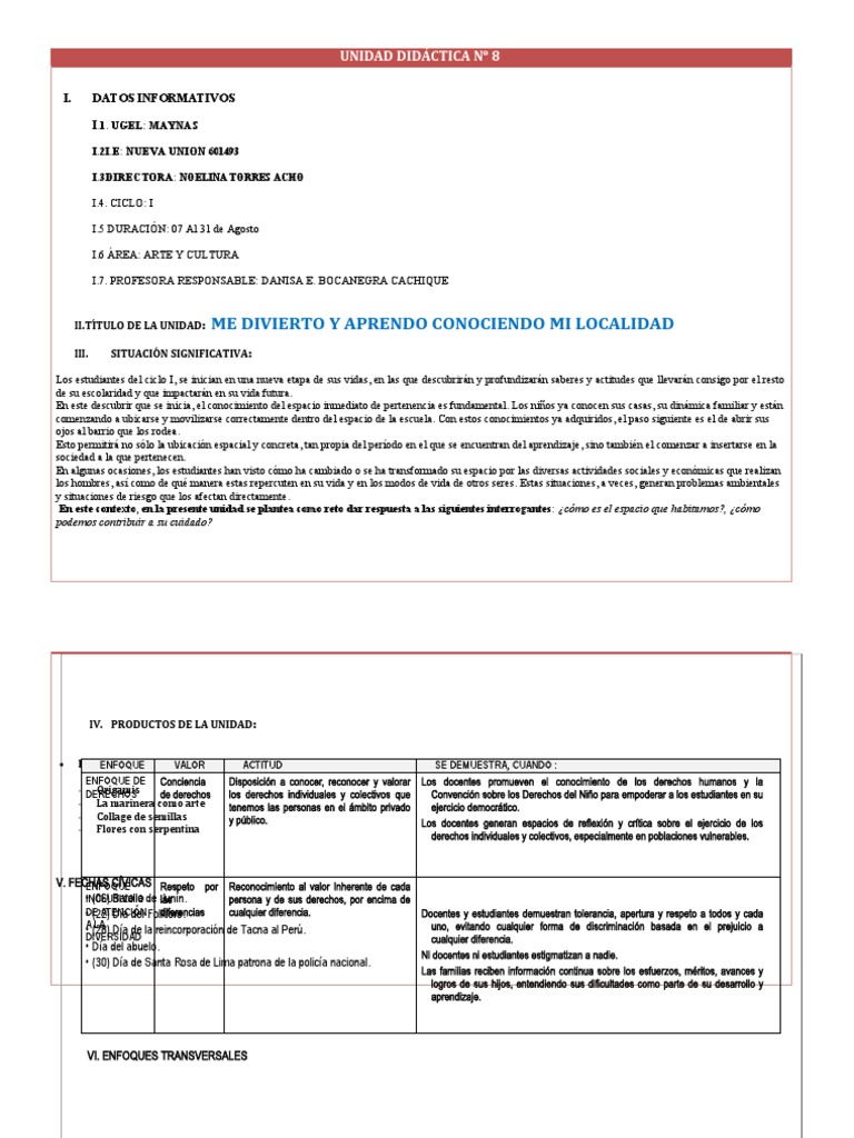 Unidad-De-Aprendizaje - 8 I CICLO 1ºGRADO Primaria | PDF