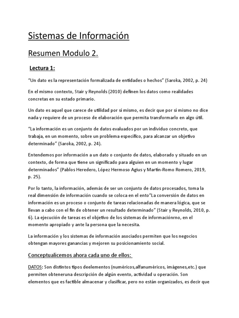 Resumen MODULO 2 Sistemas de Información | PDF | Calidad (comercial) | Información