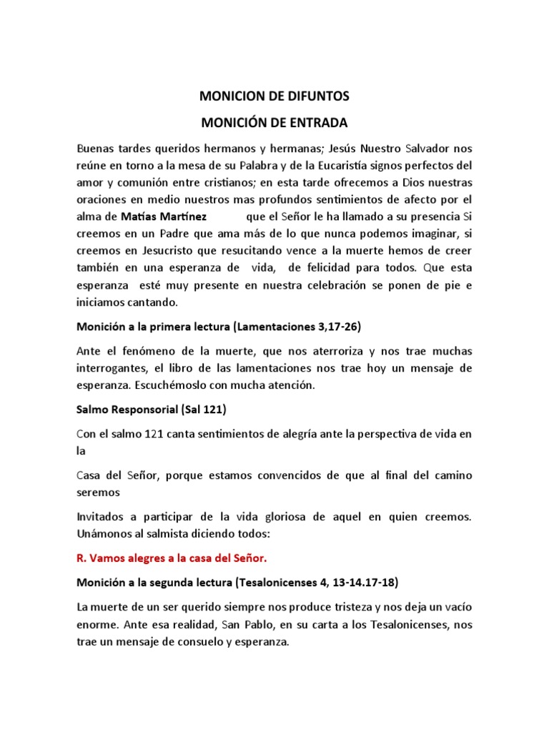 Monicion de Difuntos Monición de Entrada | PDF | Misa (liturgia) | eucaristía