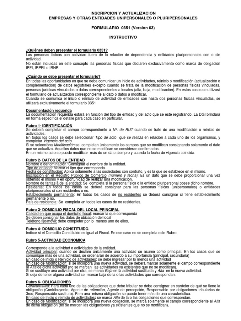 Instructivo Form 351 Inscripcion y Actualizacion | PDF | Finanzas y dinero