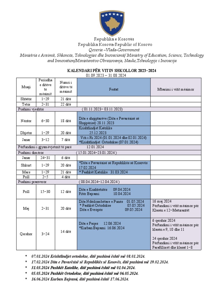 Kalendari Per Vitin Shkollor 2023 2024 21 Gusht 1 2 | PDF