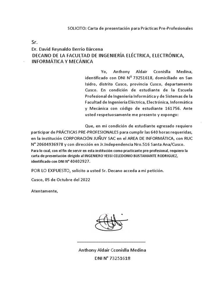 Modelo de solicitud de prácticas pre profesionales | PDF