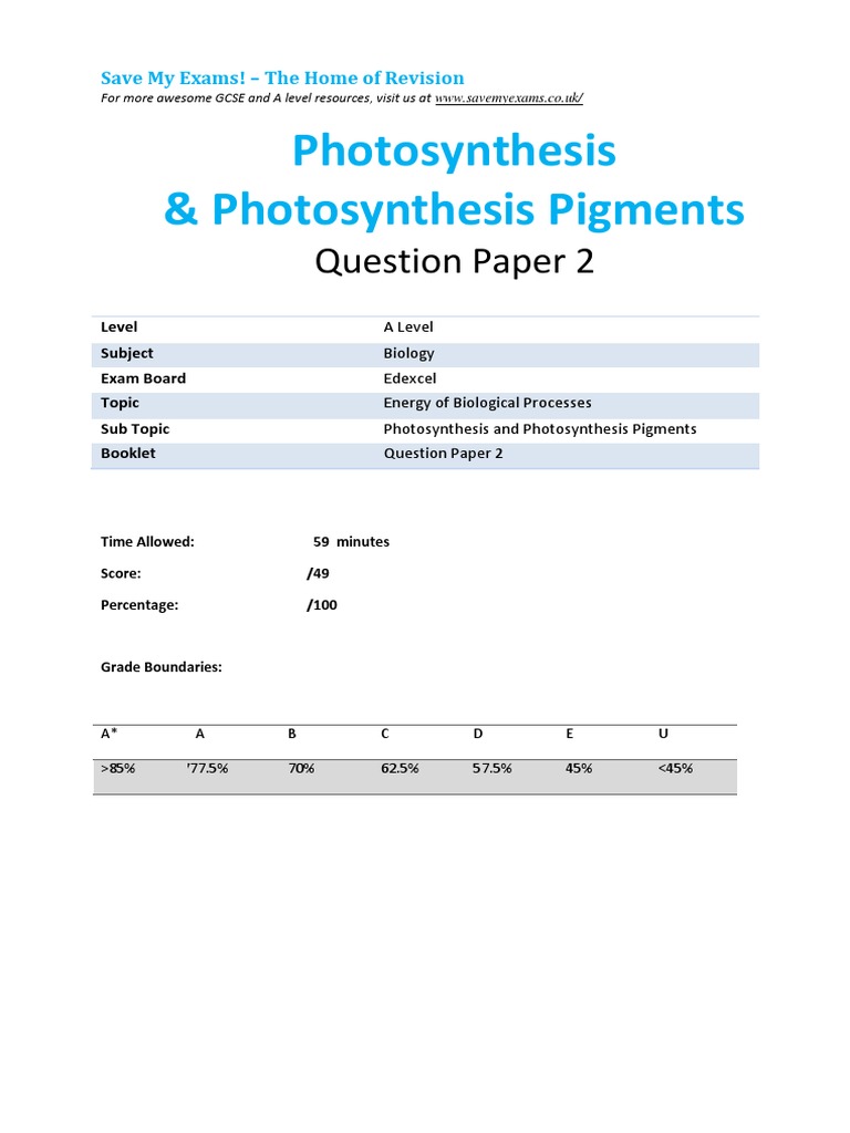 A Level Biology: Photosynthesis Exam Questions | PDF | Schools ...