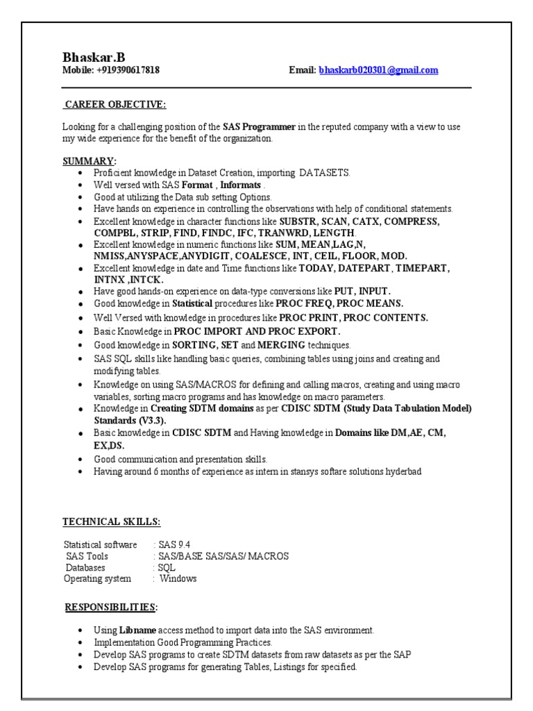 BHASKAR Resume | PDF | Sas (Software) | Systems Engineering