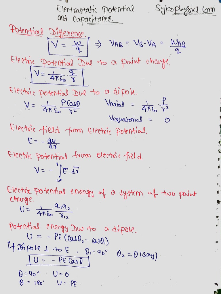 Formula Sheet Electric Potential and Capacitance Class 12 Physics | PDF