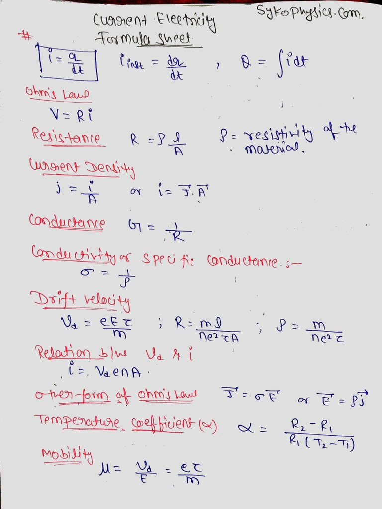 Formula Sheet Current Electricity Class 12 Physics | PDF