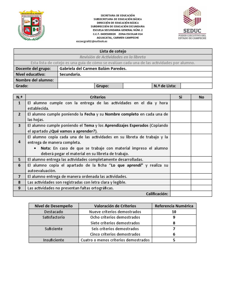 Lista de Cotejo para Evaluar Actividades de La Libreta | PDF