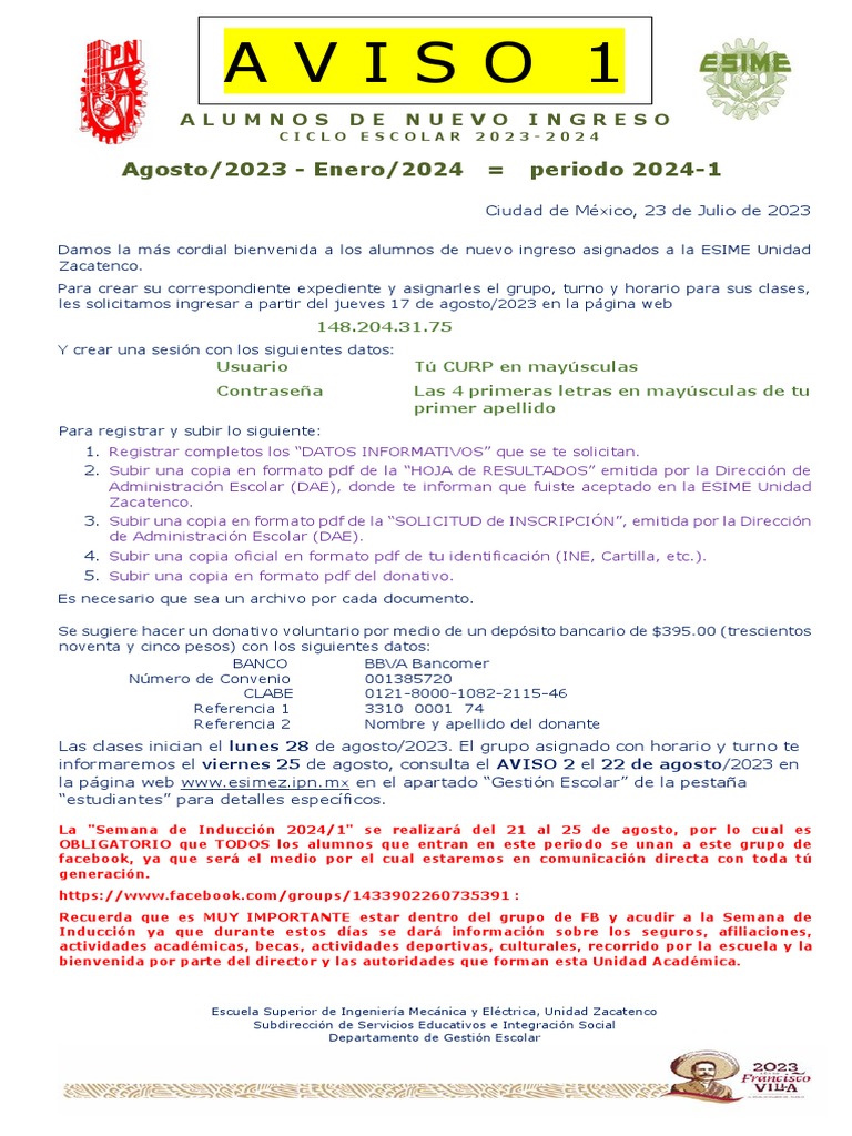 Aviso-1-Nuevo Ingreso Esimez | PDF