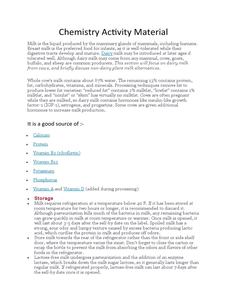 Chemistry Milk Activity Material | PDF | Milk | Nutrition