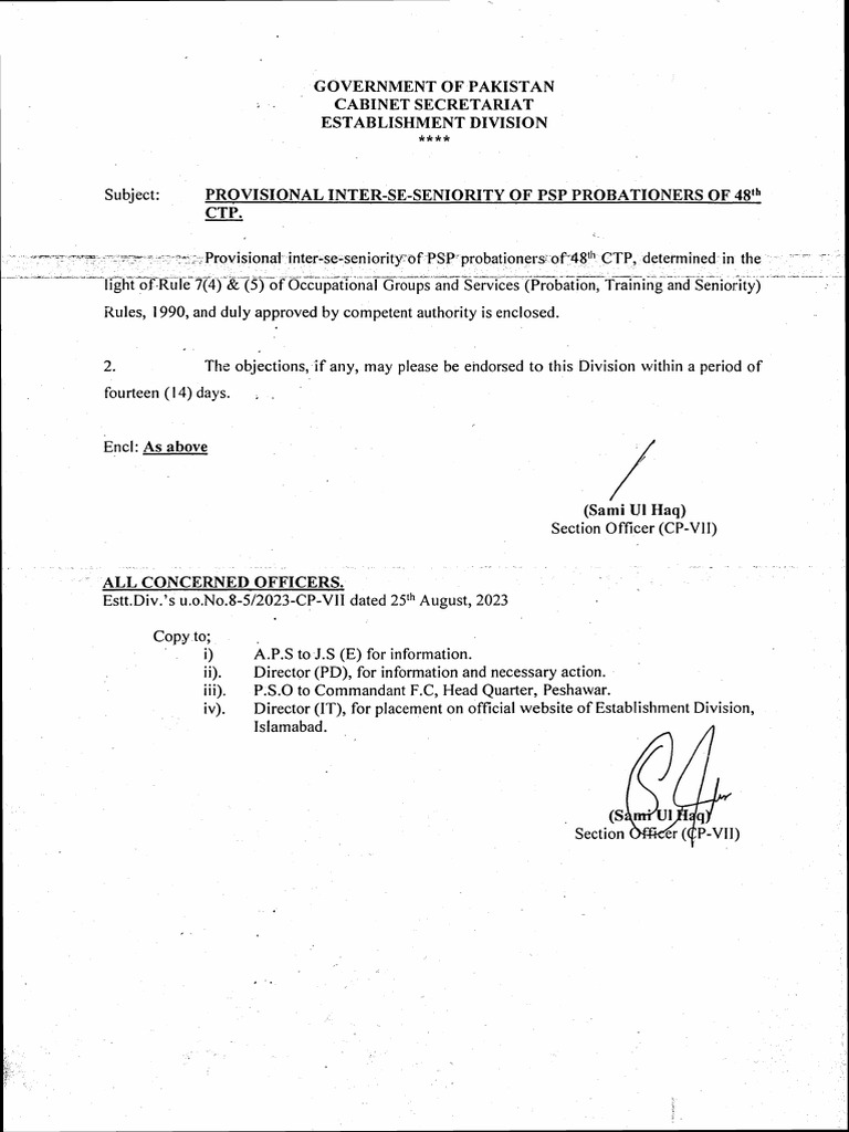 Government of Pakistan Cabinet Secretariat Establishment Division | PDF