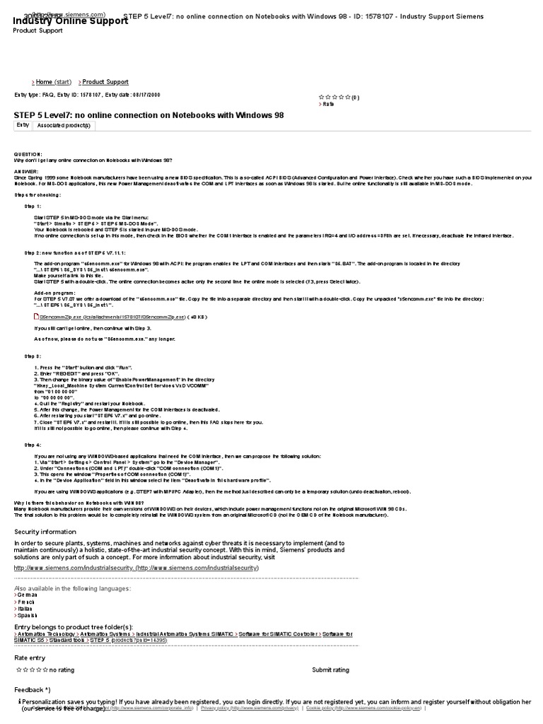 STEP 5 Level7 - No Online Connection On Notebooks With Windows 98 - ID - 1578107 - Industry ...