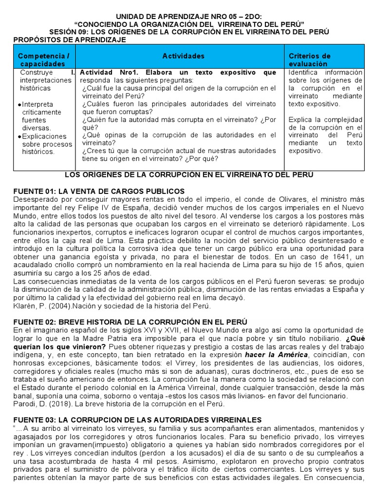 Hoja de Trabajo 09 - V Unidad - 2do - Los Origenes de La Corrupcion en El Virreinato Del Perú ...
