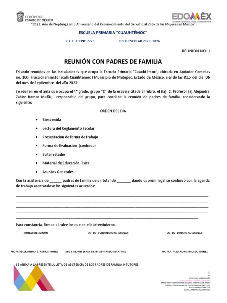 Reunión de Padres en Escuela Cuauhtémoc 2023 | PDF