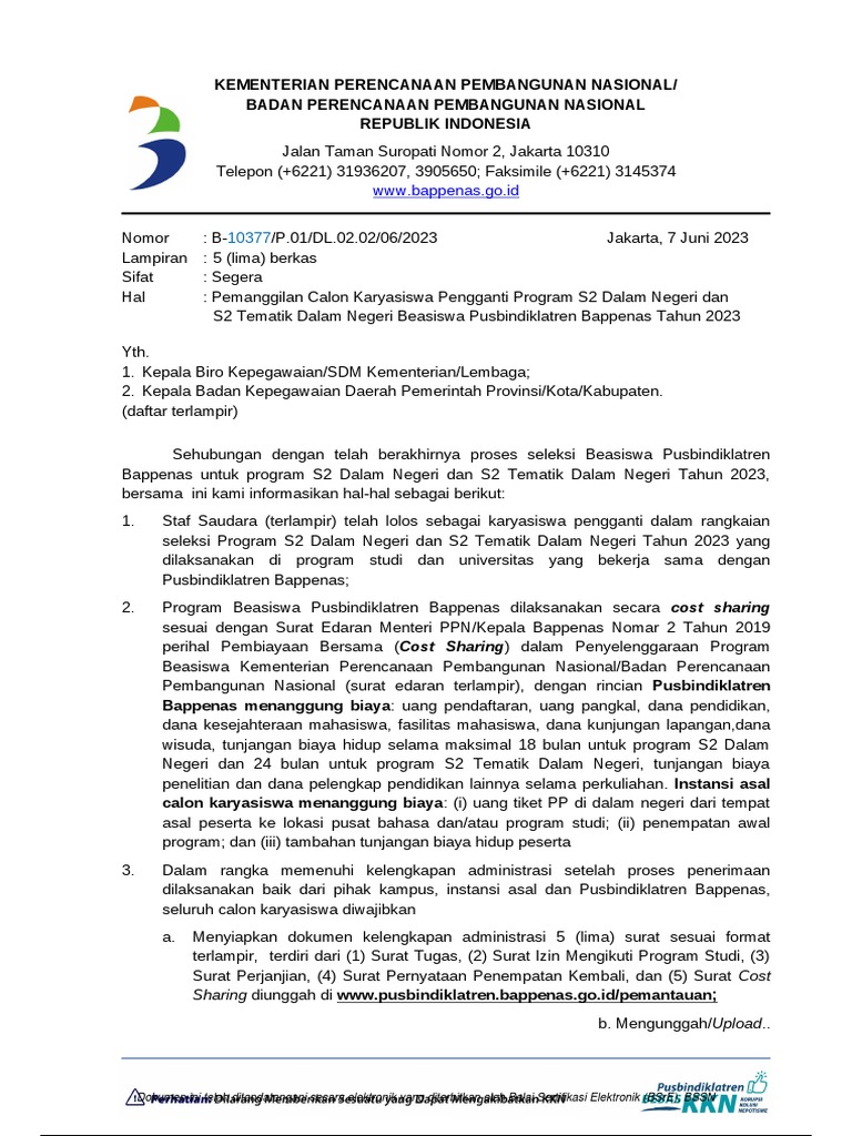 Pemanggilan Calon Karyasiswa Pengganti Program S2 Dalam Negeri Dan S2 Tematik Dalam Negeri ...