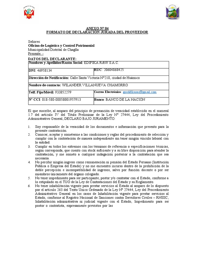Anexo 04 - Formato de Declaracion Jurada Del Proveedor | PDF