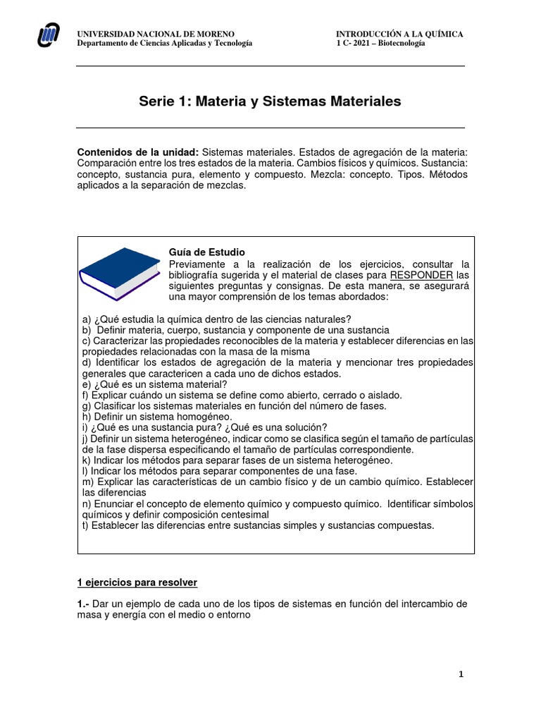 Serie 1 Materia Sustancia Y Sistemas 2021 Pdf Métodos Y