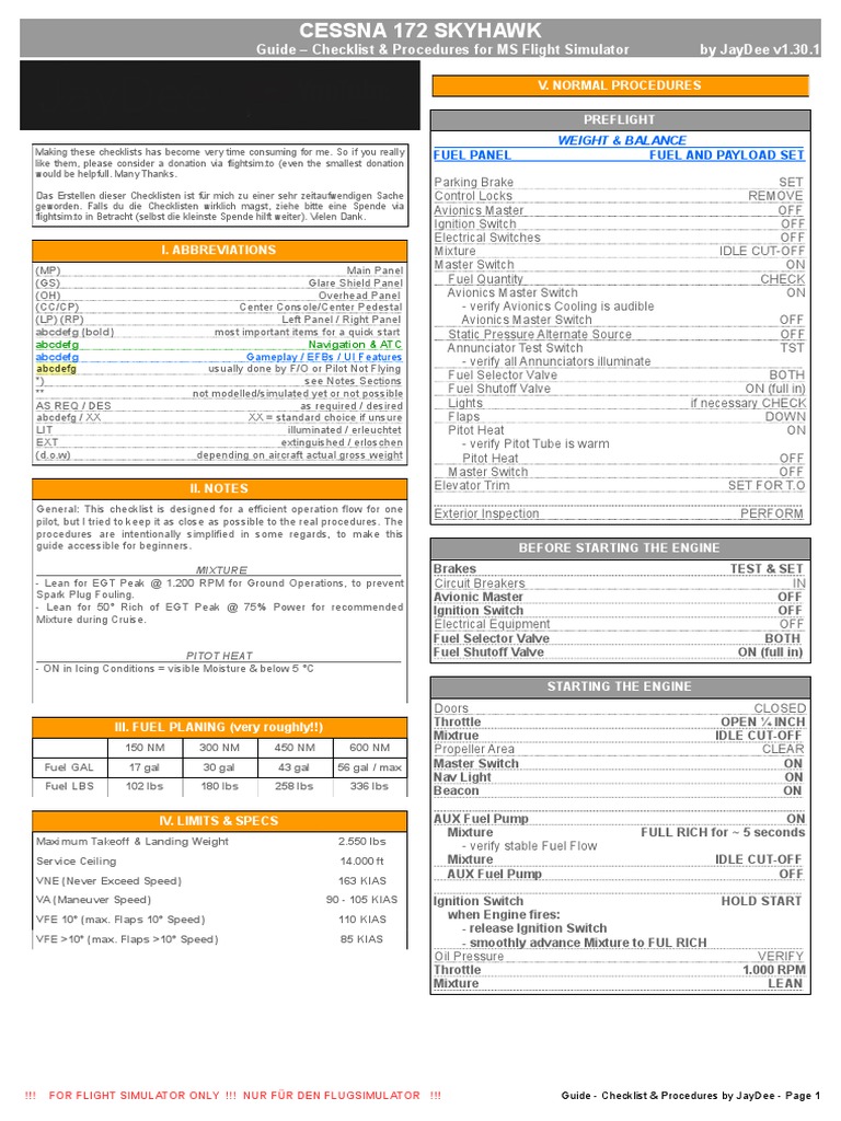 Flight Sim Cessna 172 Checklist | PDF | Flap (Aeronautics) | Throttle