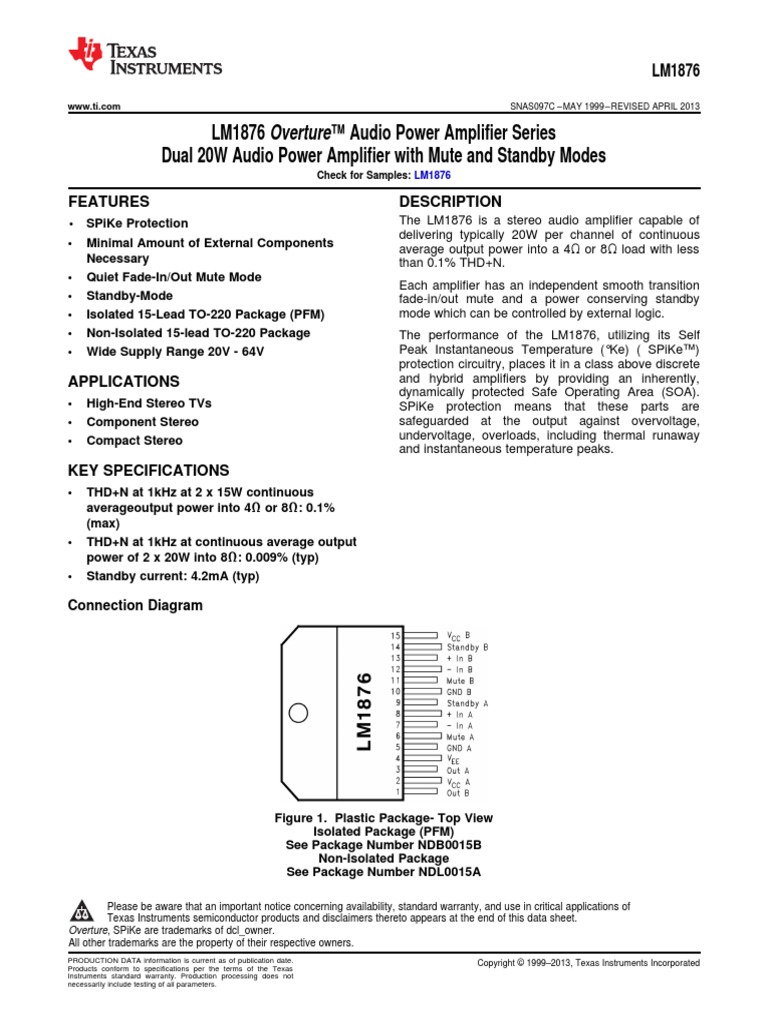 LM1876 Overture™ Audio Power Amplifier Series Dual 20W Audio Power ...