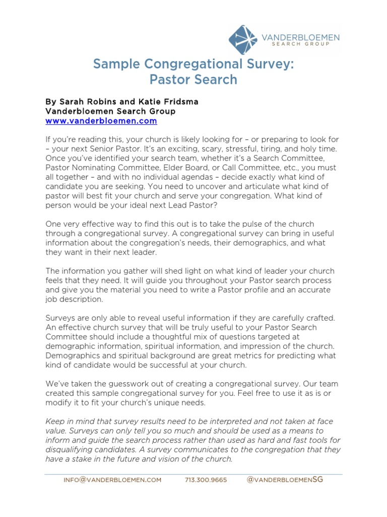 Congregational Survey for Pastor Search | PDF | Mainline Protestant ...