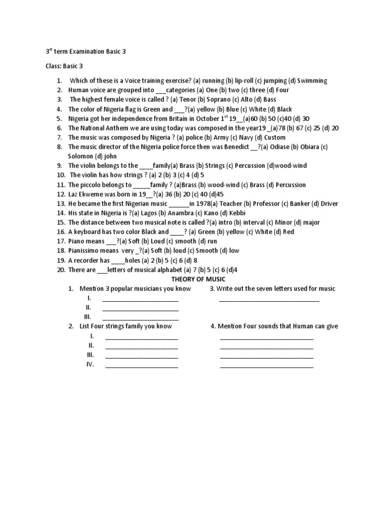 Basic 3 Third Term Exam Questions | PDF | Performing Arts | Music ...