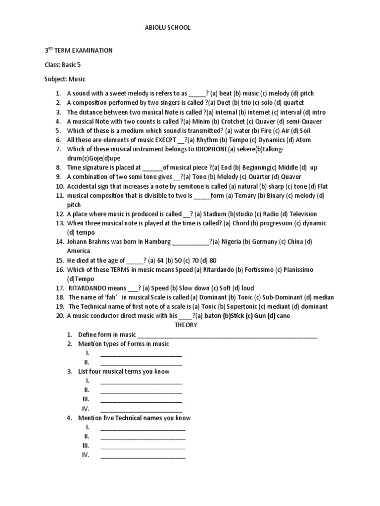 Basic 5 Music Exam Questions | PDF | Musicology | Pitch (Music)