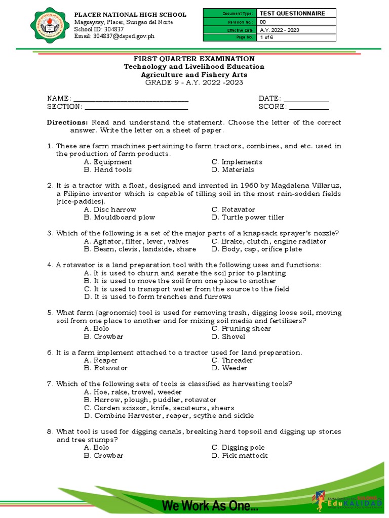 Agriculture Exam for Grade 9 Students | PDF | Business