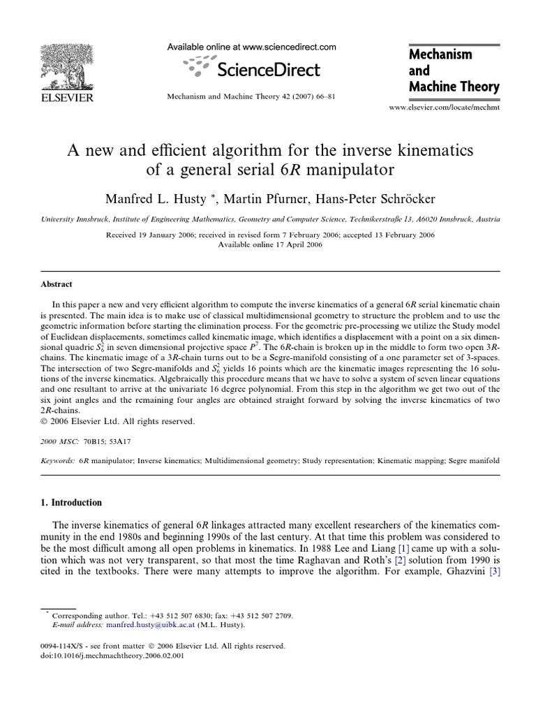 Husty Et Al 2007 A New And Efficient Algorithm For The Inverse Kinematics Of 6r Serial