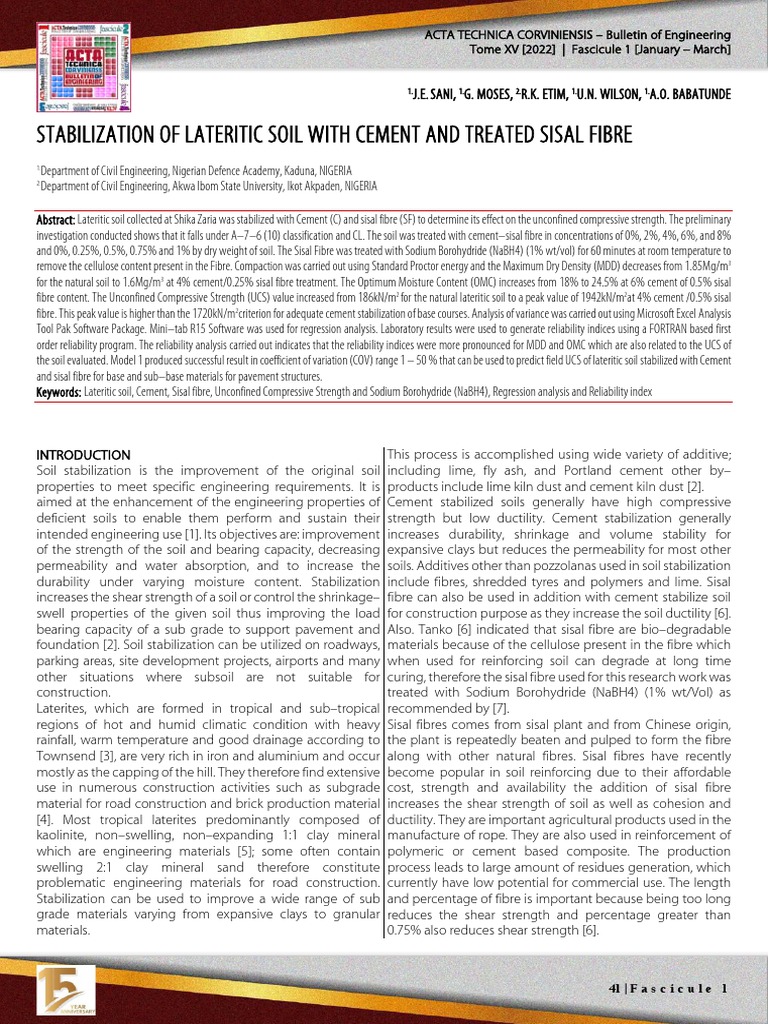 Stabilization of Lateritic Soil With Cement and Treated Sisal Fibre | Download Free PDF | Soil ...
