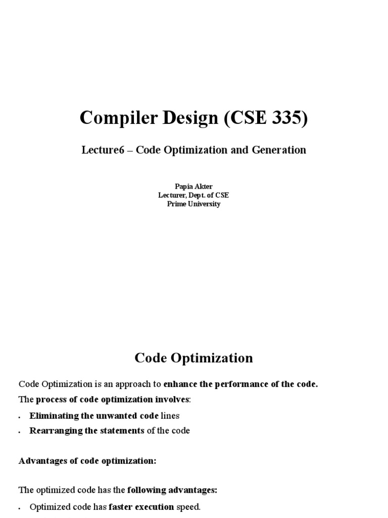 Lecture6 Code Optimization And Generation Pdf Program Optimization Pi