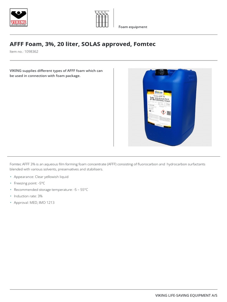 AFFF Foam, 3%, 20 Liter, SOLAS Approved, Fomtec | PDF