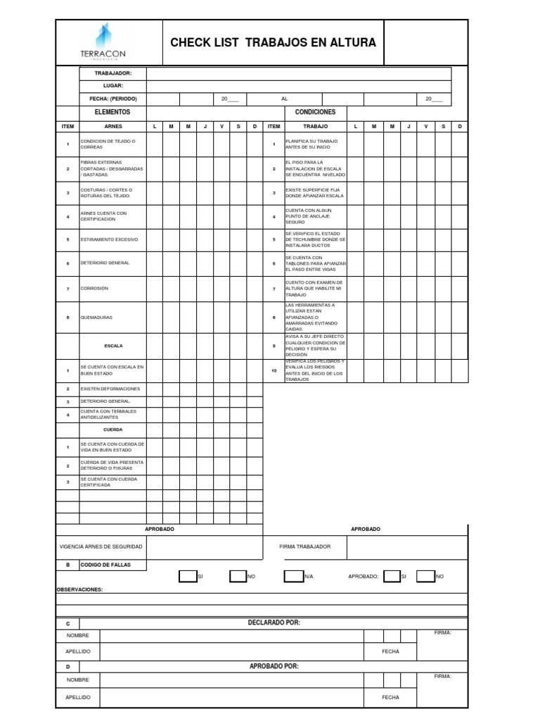 Check List Trabajo en Altura | PDF