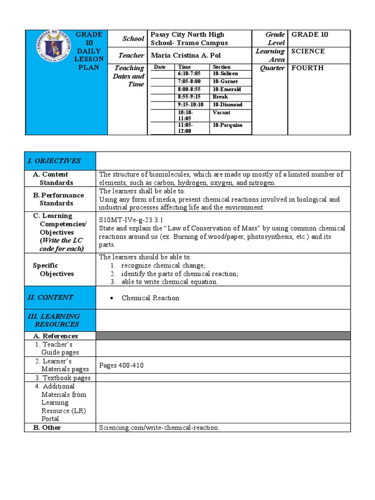 Grade 10 Science Lesson Plan: Chemical Reactions | PDF