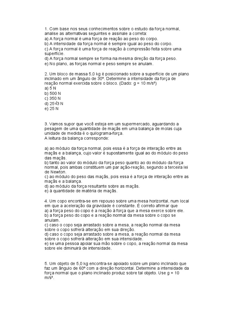 Exercícios sobre Força Normal | PDF | Força | Engenharia Mecânica