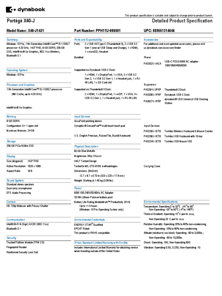 Portege X40-J1431 | PDF