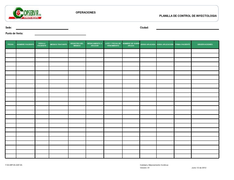 Planilla de Control de Servicio de Inyectologia | PDF