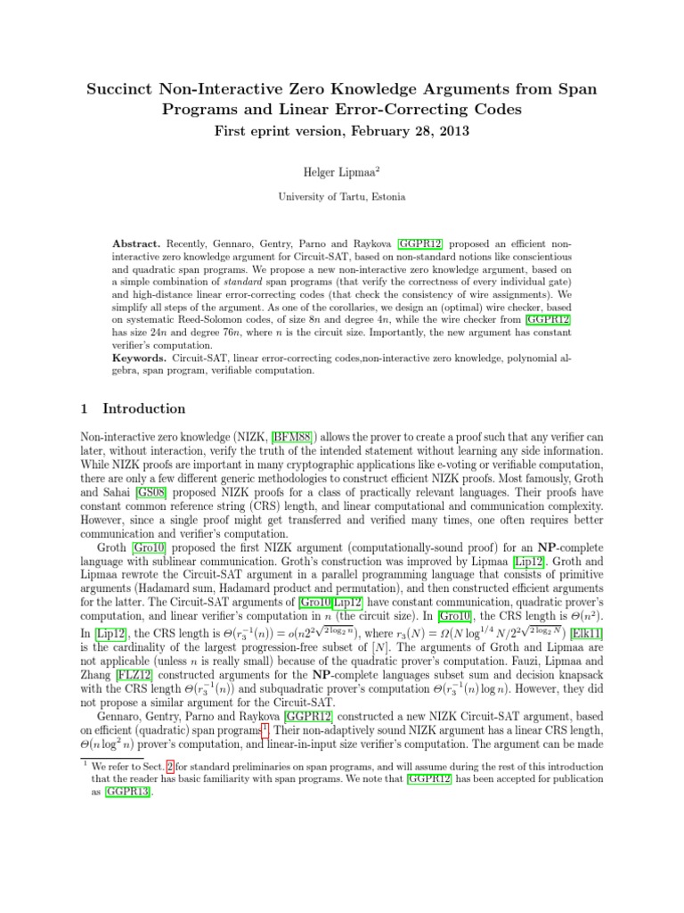 Succinct Non Interactive Zero Knowledge Arguments From Span Programs And Linear Errorcorrecting 