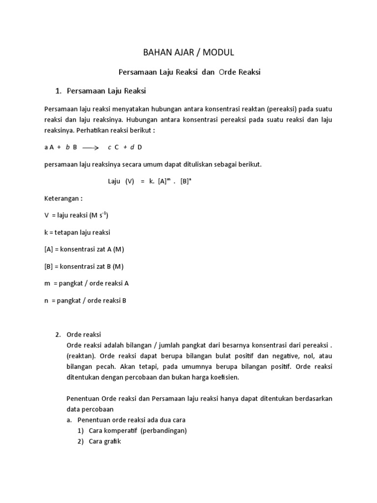 Bahan Ajar Persamaan Laju Reaksi & Orde Reaksi | PDF
