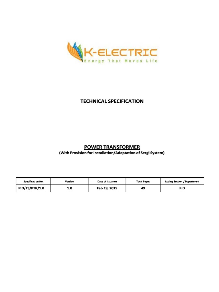 Technical Specification Power Transformer | PDF