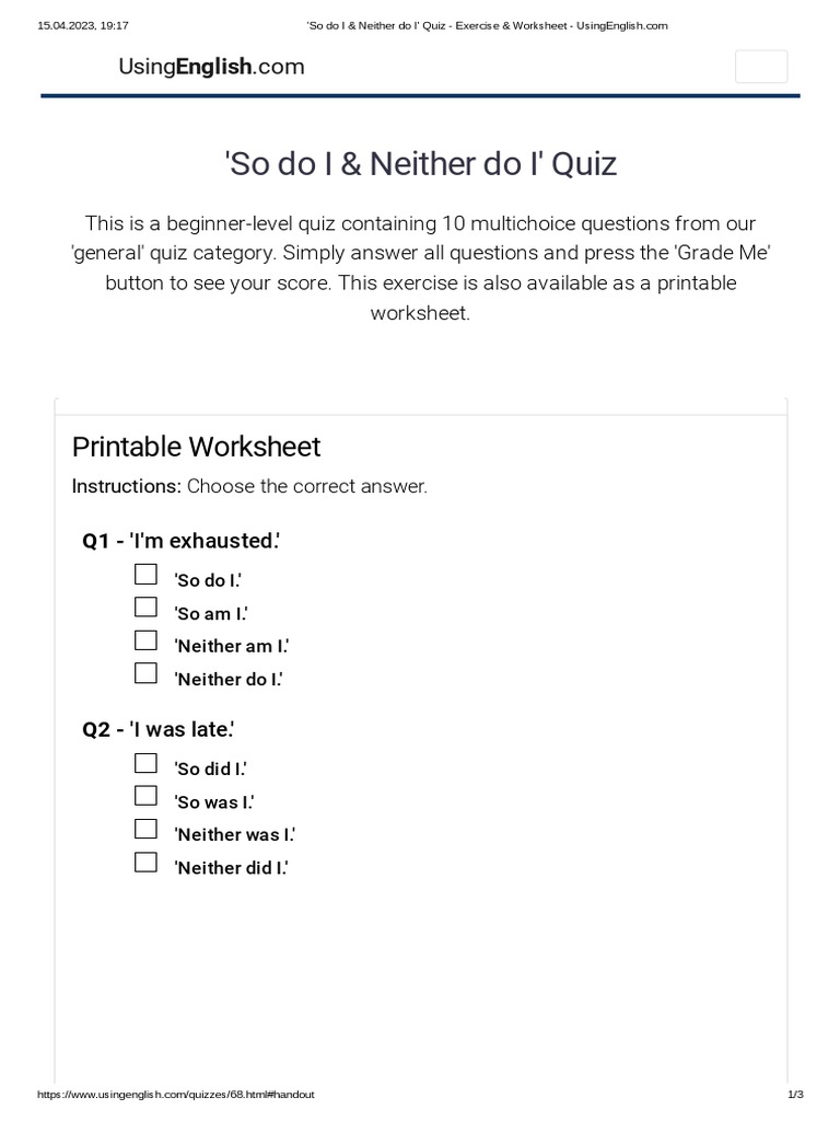 'So Do I & Neither Do I' Quiz - Exercise & Worksheet | PDF