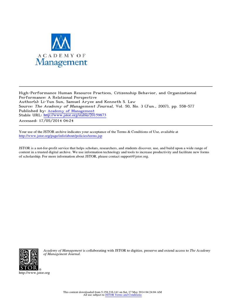 High Performance Human Resource Practices Citizenship Behavior And Organizational Performance