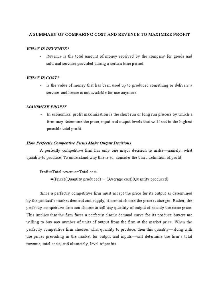A Summary of Comparing Cost and Revenue To Maximize Profit | PDF ...