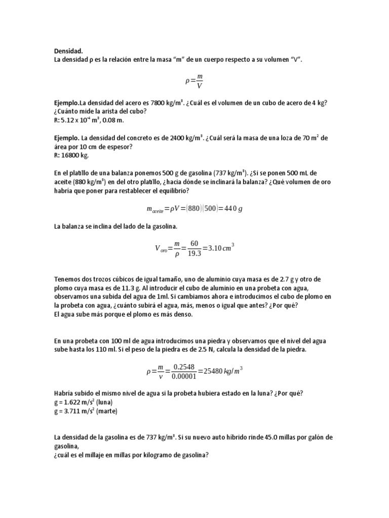 Ejercicios Densidad | PDF | Litro | Densidad