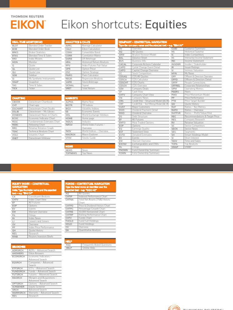 Thomson Reuters Eikon Shortcutsfor Equities | PDF | Stocks | Stock Market Index