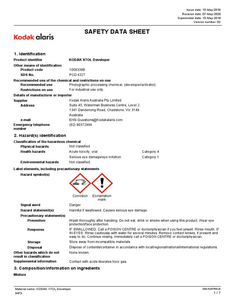 SDS Australia EU English - KODAK XTOL Developer | PDF | Personal ...