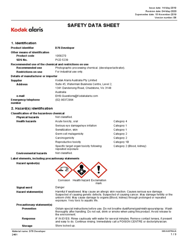 SDS Australia EU English - D76 Developer | PDF | Dangerous Goods | Toxicity