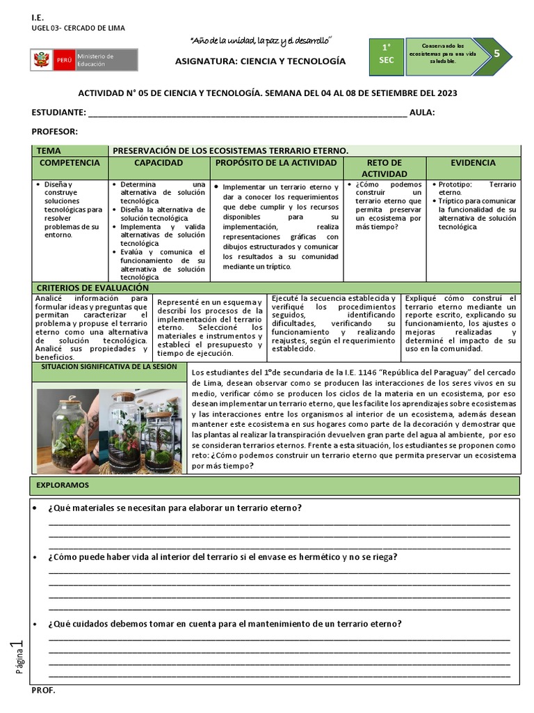 (PDF) 1° SEC. EDA 5 SEMANA 5 Diseña CYT 2023 Preservación de Los Ecosistemas | PDF